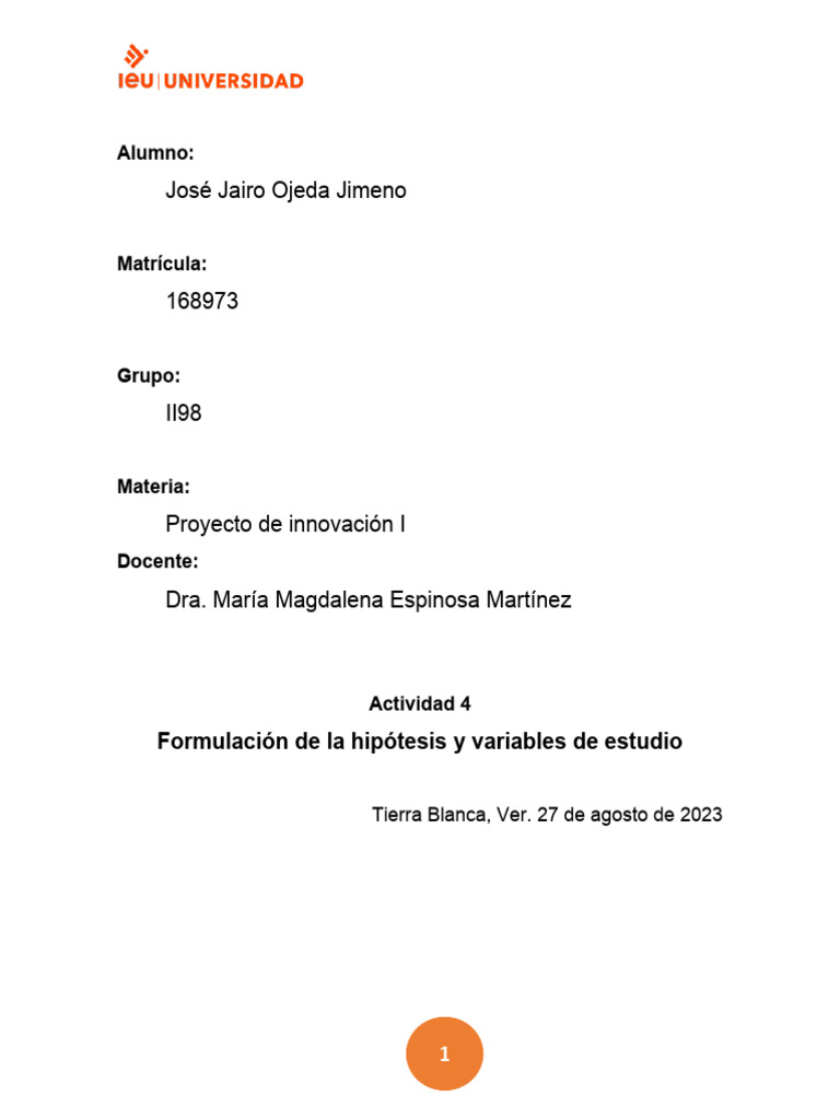 Actividad 4 Formulación de La Hipótesis y Variables de Estudio | PDF ...