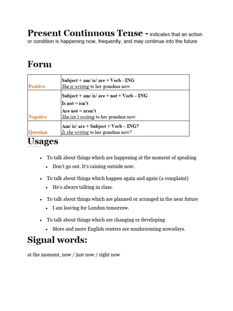 Present Continuous Tense | PDF | Human Communication | Linguistic Typology