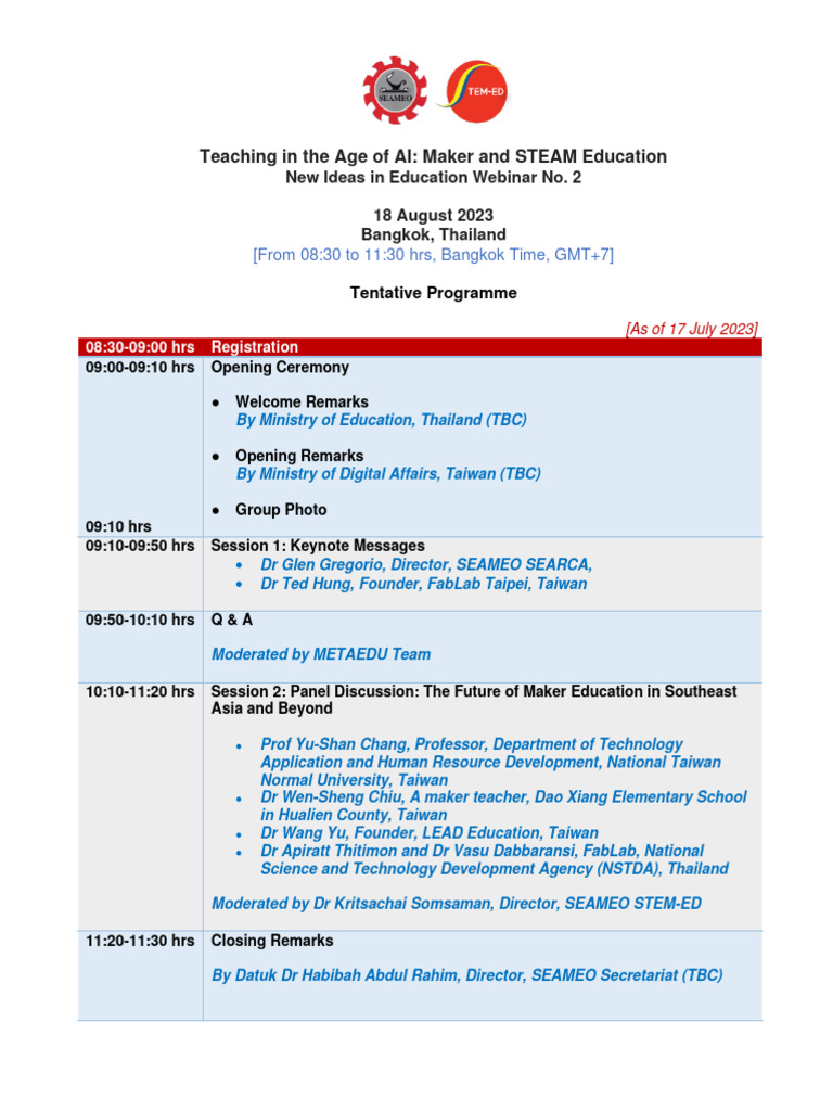 Tentative Programme - Maker and STEAM Education Webi - 230816 - 200316 ...