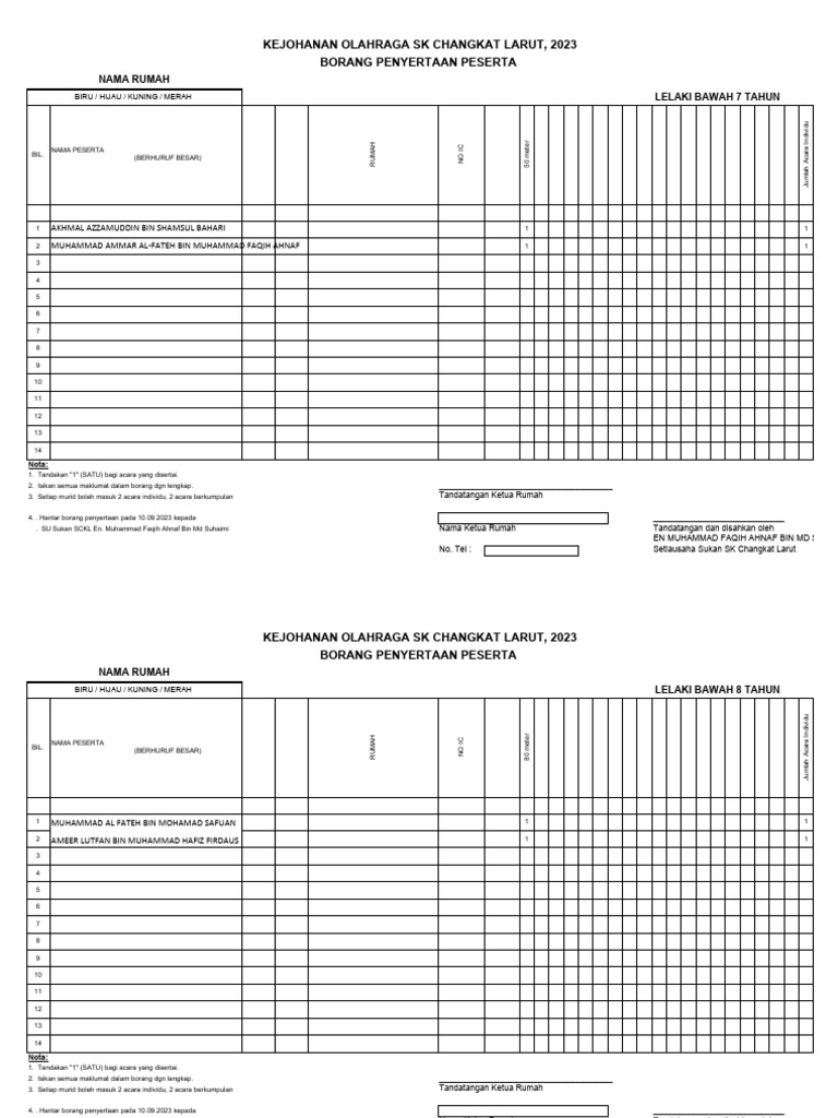 Borang Pendaftaran Peserta Sukan Rumah Hijau SKCL 2023 | PDF