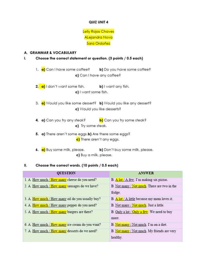 Final Version Quiz Unit 4 | PDF | Waiting Staff | Lunch