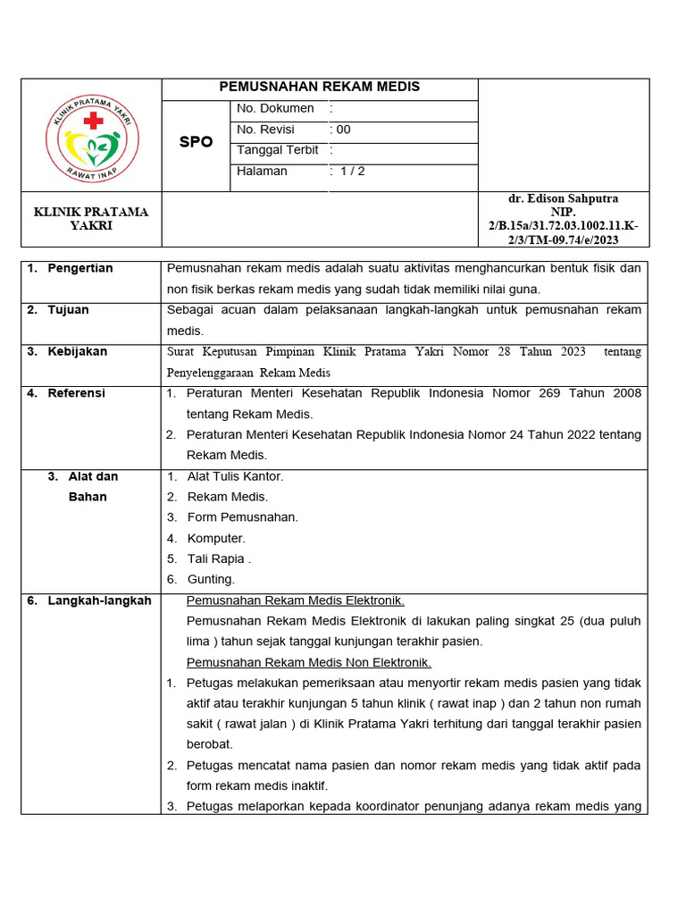 SPO Pemusnahan Rekam Medis 2023 | PDF