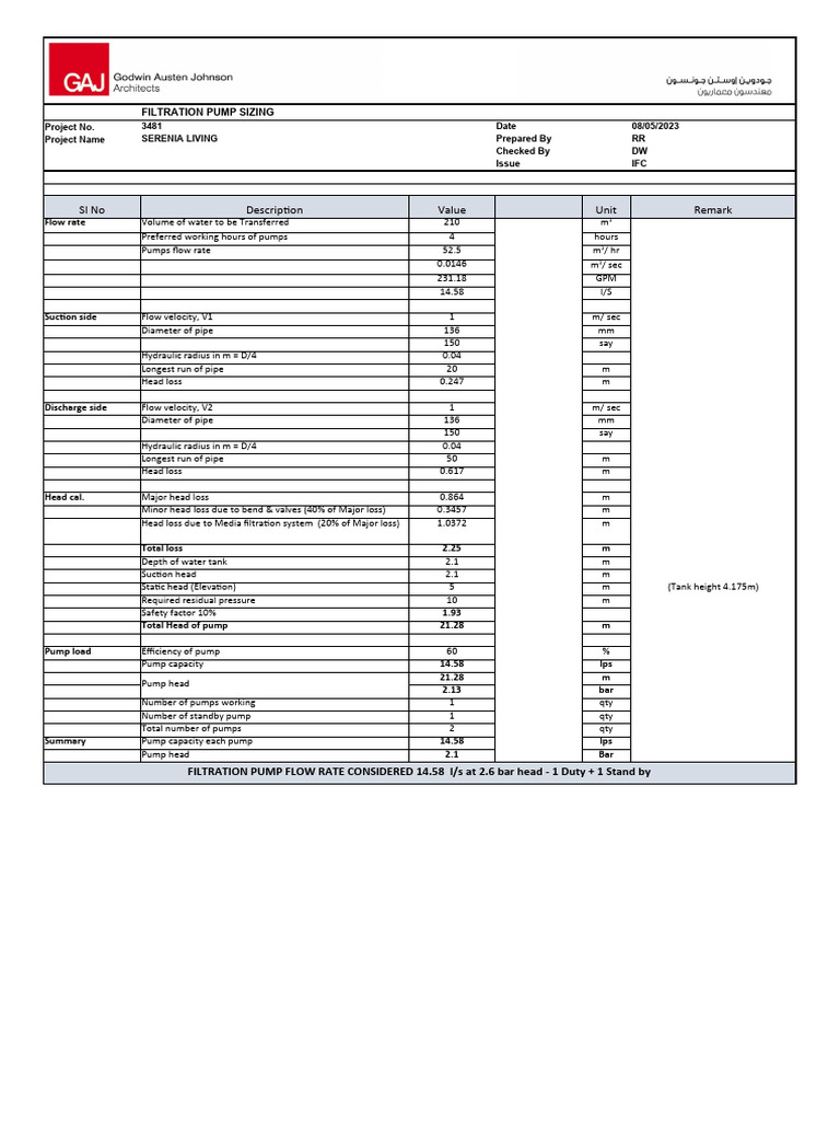 Filter Pump Sizing Calculation | Download Free PDF | Pump | Gases