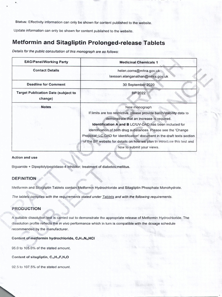 Metformin and Sitagliptin Prolonged-Release Tablets | PDF | High ...