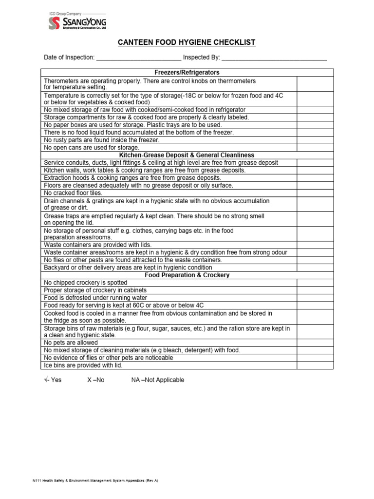 Checklist For Canteen Food Hygene | Download Free PDF | Refrigerator ...