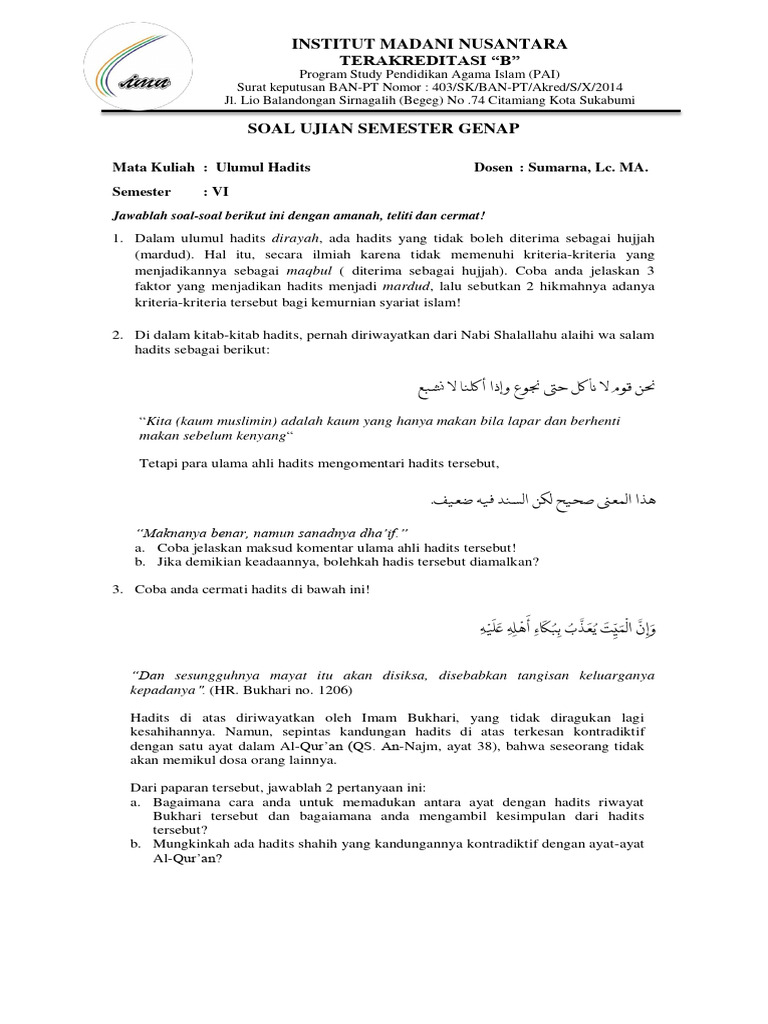 Soal Uas Ulum Hadits SMT 6 Pai 2023-1 | PDF