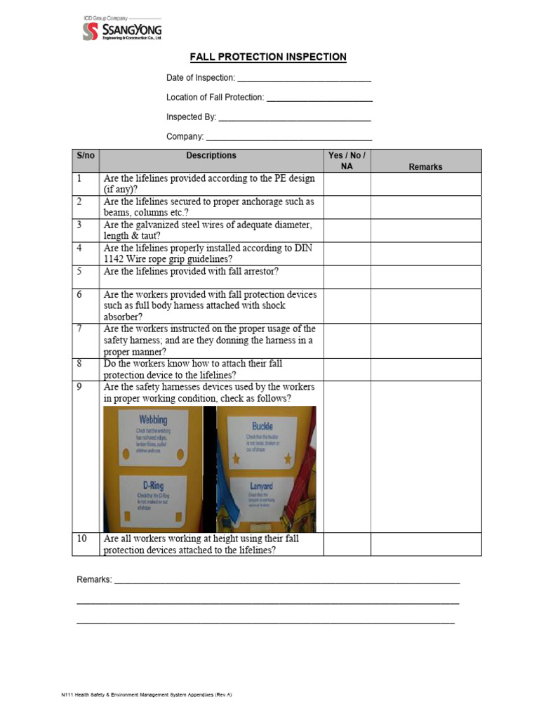 Checklist For Fall Protection & Harness | PDF