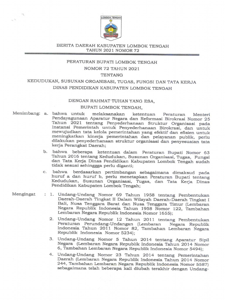 Dinas Perbup No. 72 Tahun 2021 (Tupoksi) | PDF