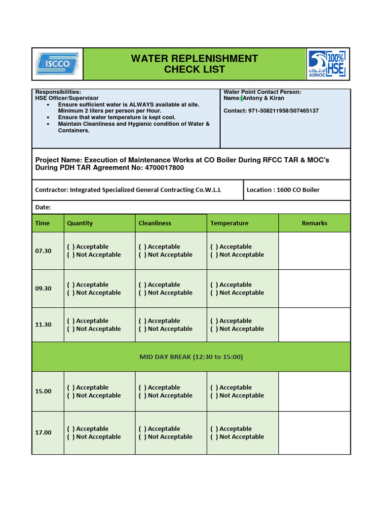 Water Replenishment Program Checklist-34 TAnks | PDF