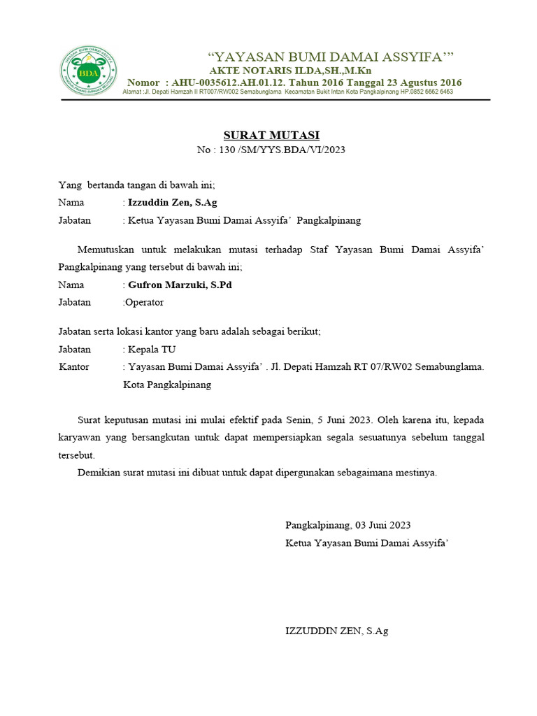 Contoh Surat Mutasi Kerja | PDF