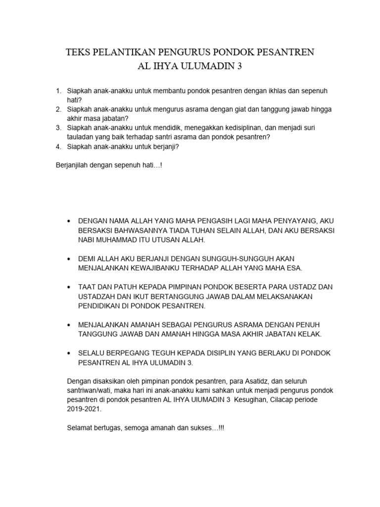 Teks Pelantikan Pengurus Pondok Pesantren | PDF Teks Pelantikan Pengurus Pondok Pesantren | PDF