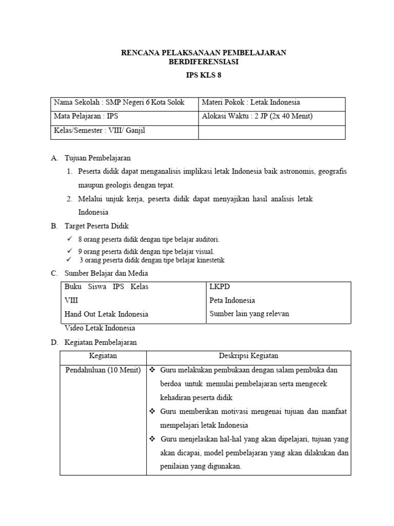 RPP Berdiferensiasi Ips Kelas Vii | PDF