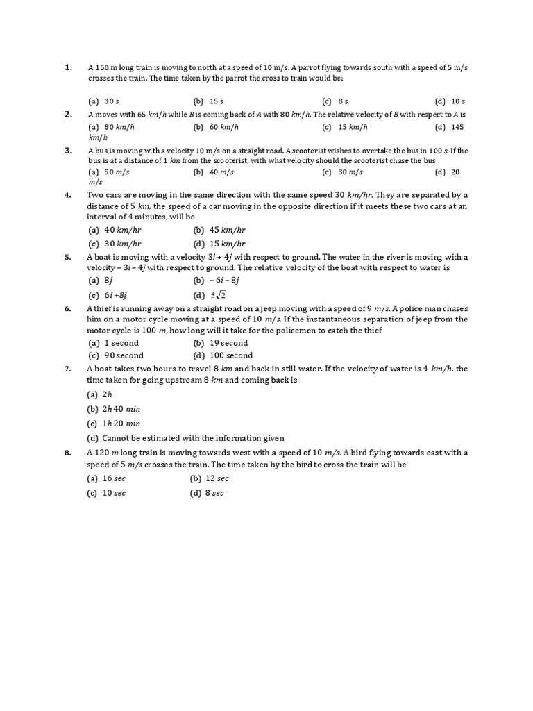 Practice Questions On Relative Motion | PDF | Speed | Velocity