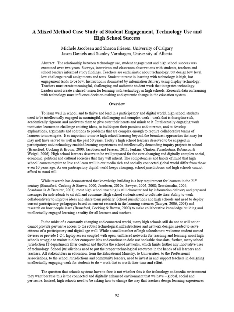 A Mixed Method Case Study Of Student Engagement Technology Use And