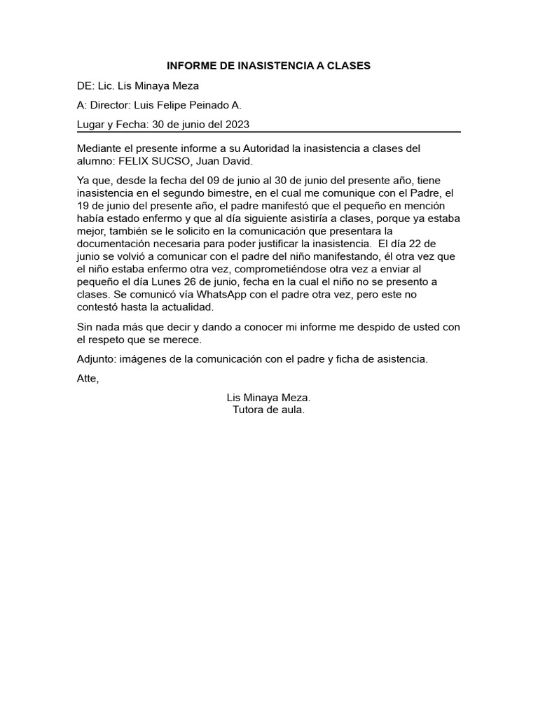 Informe de Inasistencia A Clases | PDF
