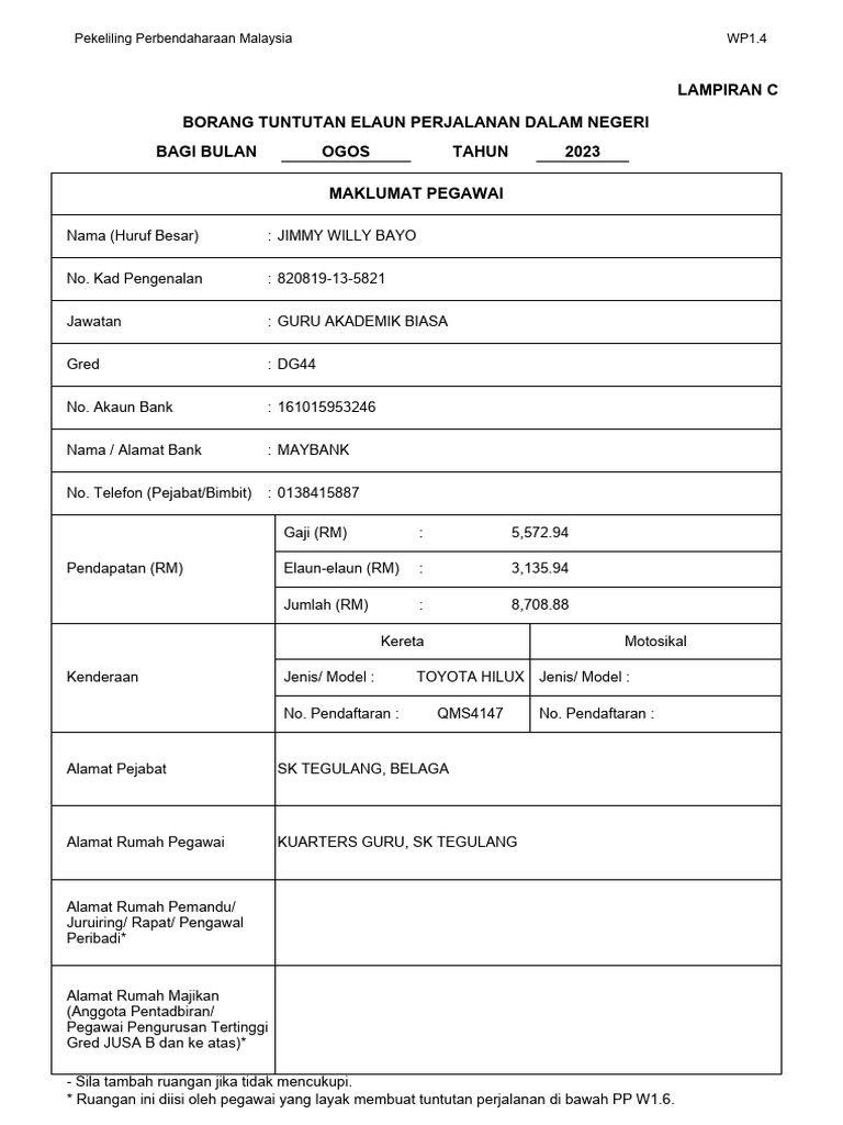Lampiran C - Borang Tuntutan Perjalanan - Pekeliling Perbendaharaan Wp1.4 - Pindaan - Kuatkuasa ...