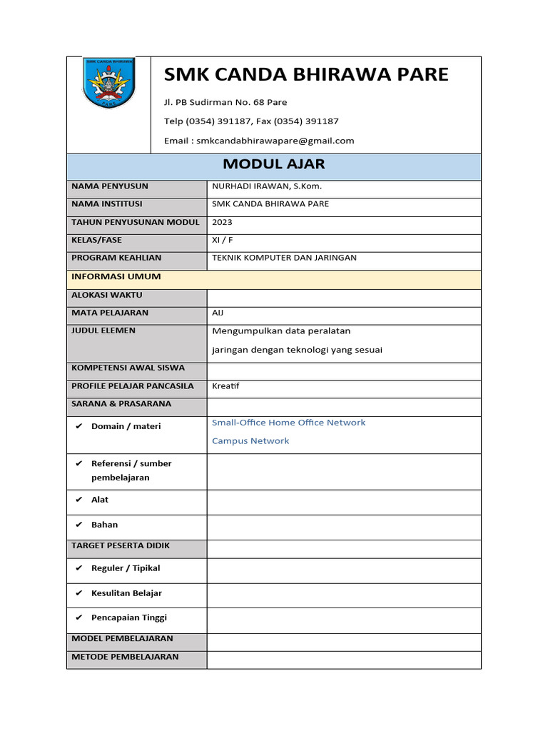 1.3-AIJ1 Form Modul Ajar Konsentrasi Keahlian - TKJ Smkcbpare | PDF | Teknologi & Rekayasa