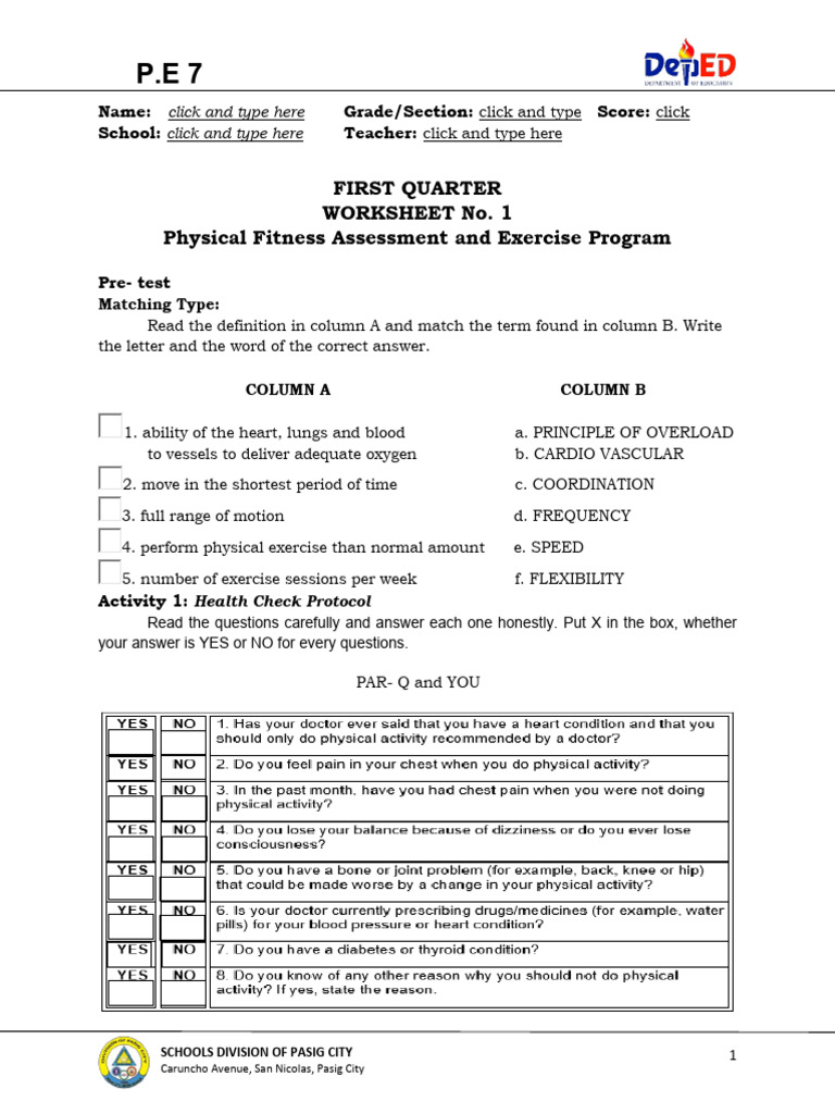 Worksheet - Pe7 Q1 M1 | Download Free PDF | Physical Fitness