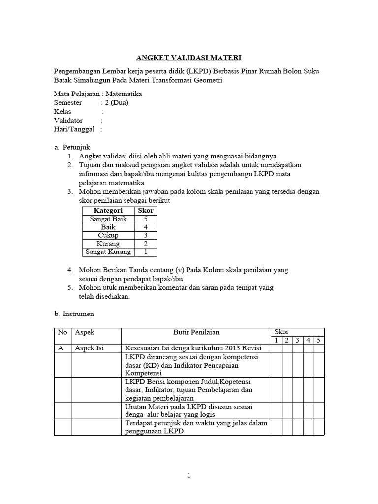 Angket Validasi Materi LKPD | PDF