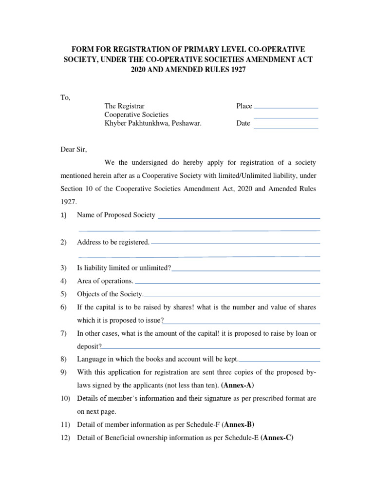 Application Form For Registration of Primary Level Cooperative Society ...