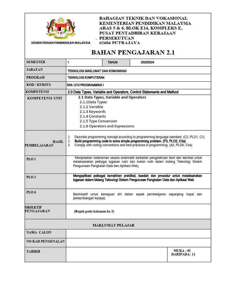 K2.1 Data Types, Variable and Operators | PDF K2.1 Data Types, Variable and Operators | PDF