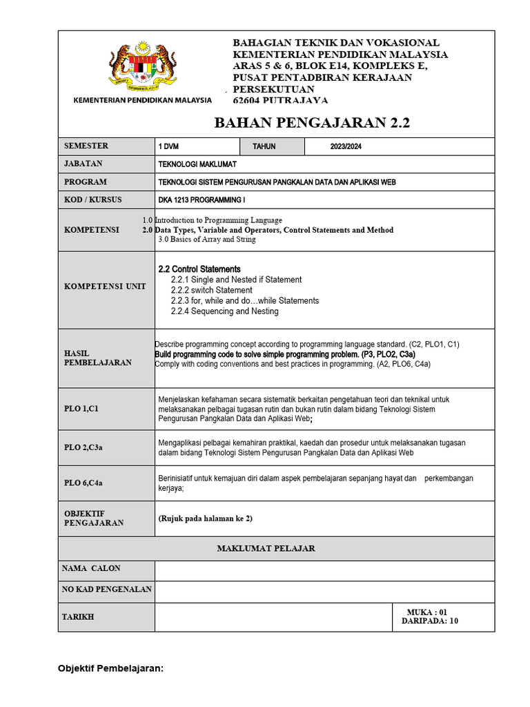 K2.2 Control Statements | PDF | Teknologi & Rekayasa K2.2 Control Statements | PDF | Teknologi & Rekayasa