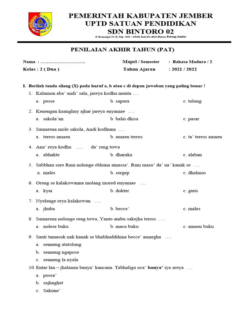 Soal Pat Bahasa Madura Kelas 2 2022 | PDF