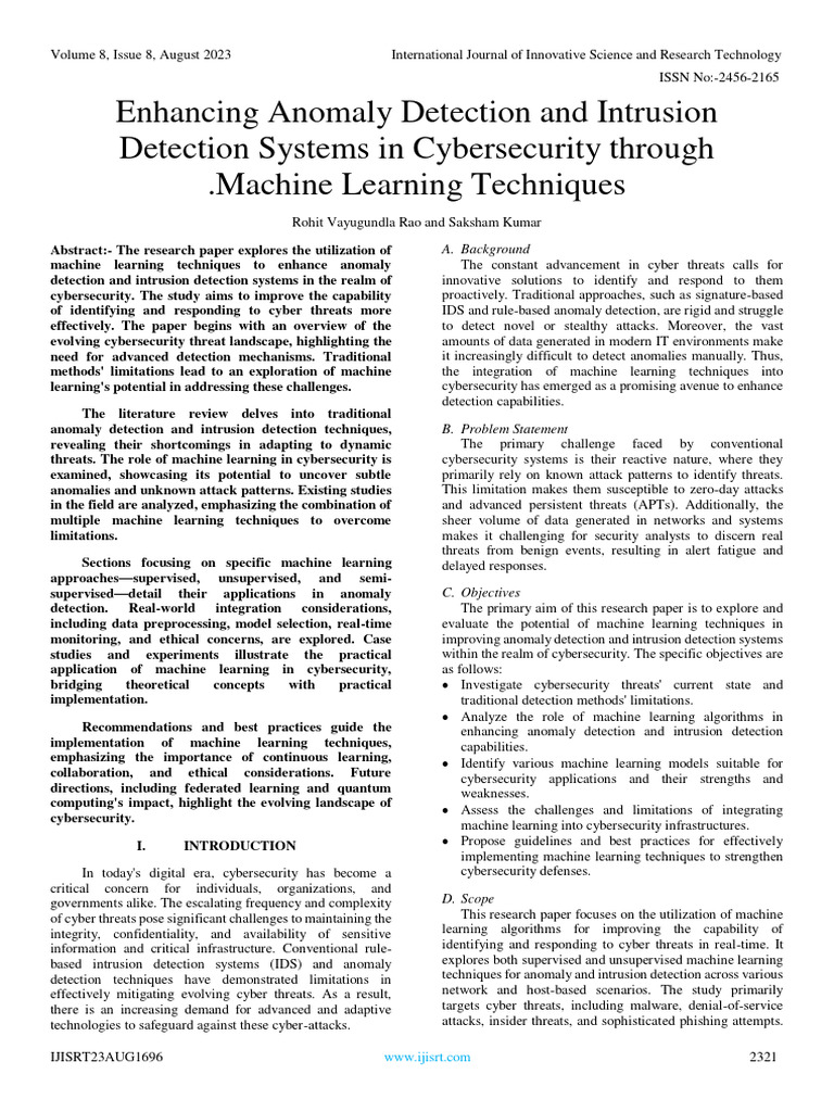 Enhancing Anomaly Detection And Intrusion Detection Systems In Cybersecurity Through Machine