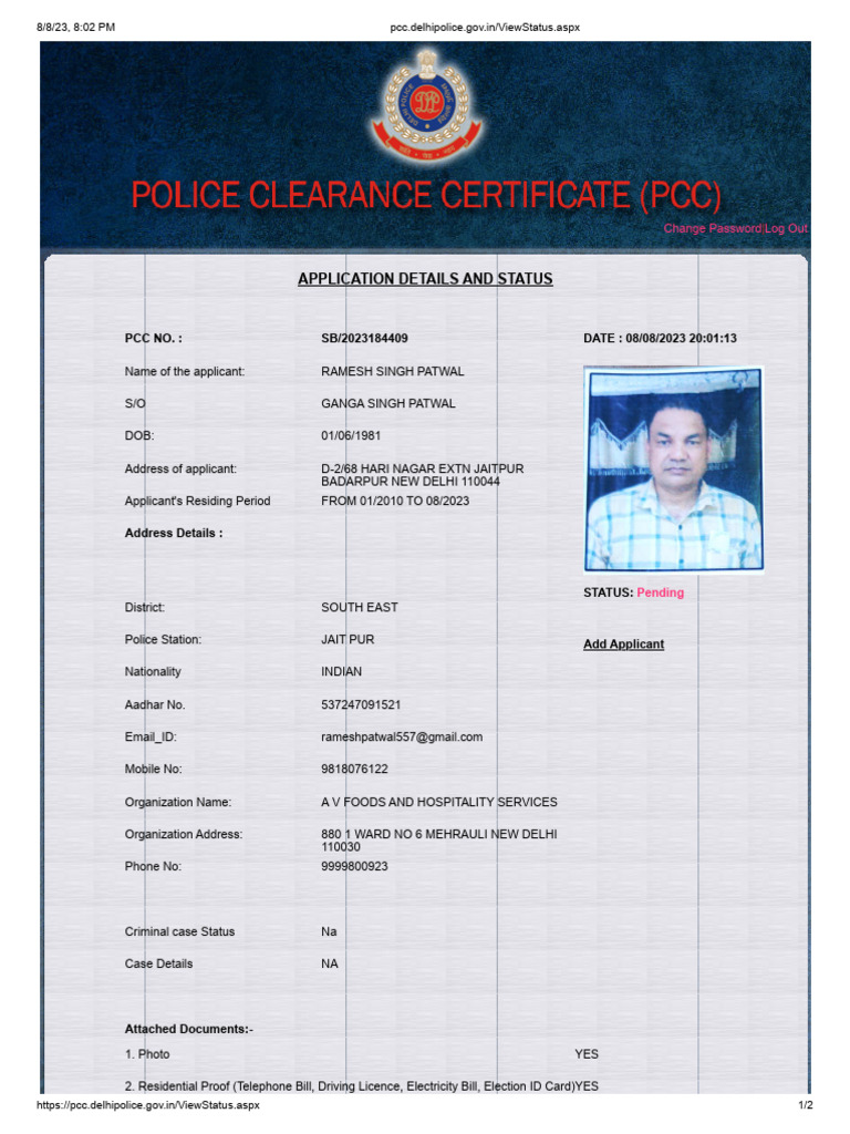 PCC - Delhipolice.gov - in ViewStatus - Aspx | PDF | Government And ...