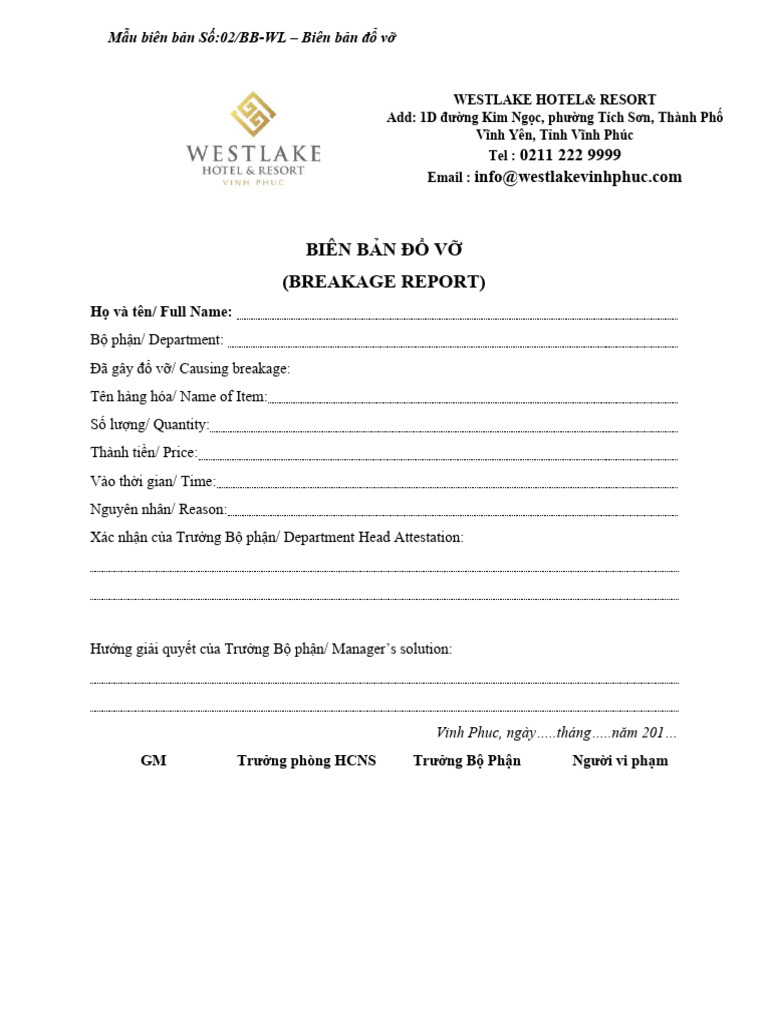 Biên Bản Đổ Vỡ (Breakage Report) | PDF