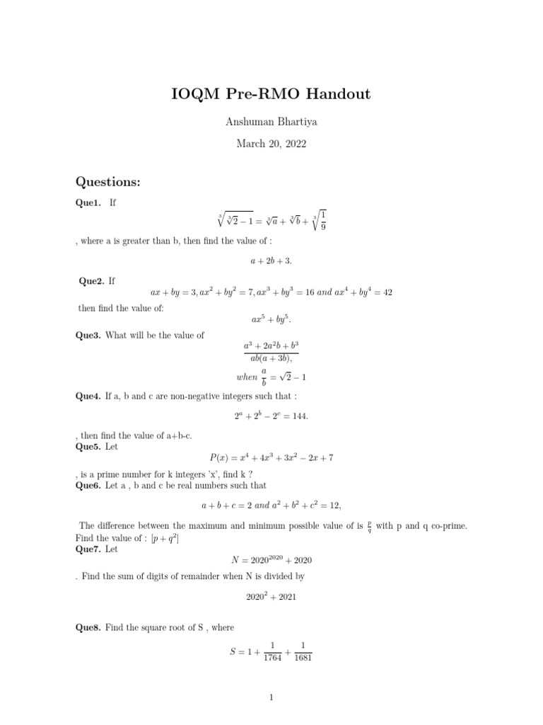Ioqm Handout | PDF | Prime Number | Numbers