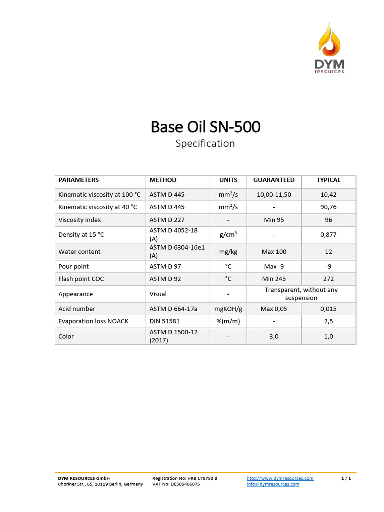 SN-500 Base Oil Specifications | PDF
