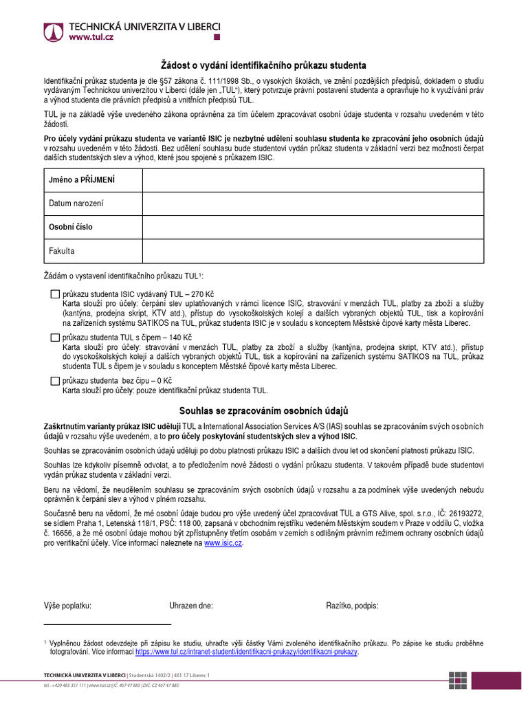 Zadost o Vydani Identifikacniho Prukazu Studenta Tul | PDF