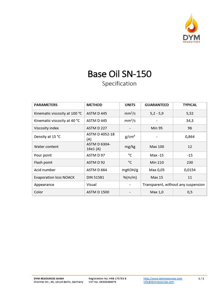 Base Oil SN-150 Specifications | PDF