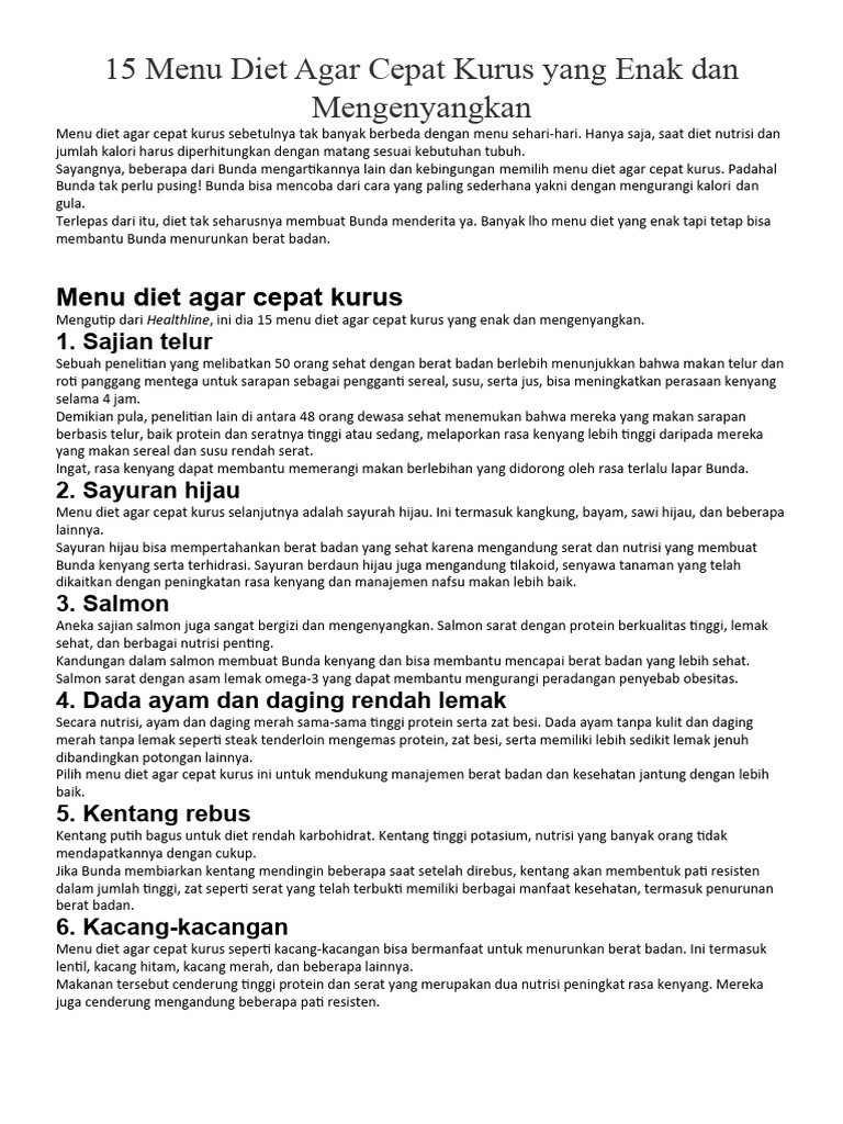 15 Menu Diet Agar Cepat Kurus Yang Enak Dan Mengenyangkan | PDF ...