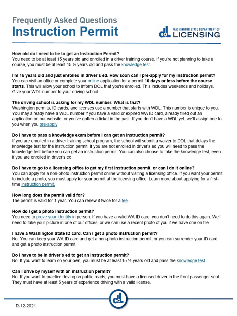 Washington Instruction Permit FAQs | PDF | Driver's License | Identity ...