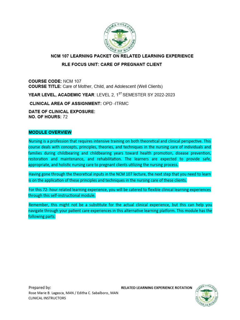 LP 1 I NCM 107 RLE I CARE OF PREGNANT WOMAN Students | PDF | Pregnancy ...