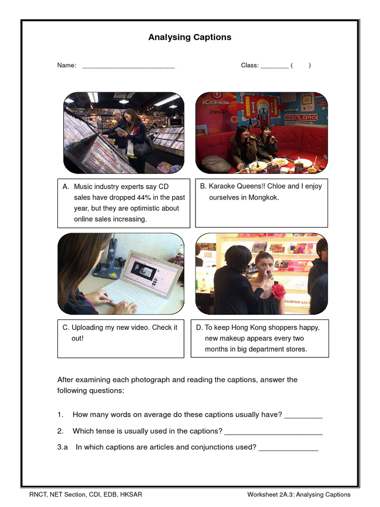 Worksheet 2A.3 Analysing Captions | PDF