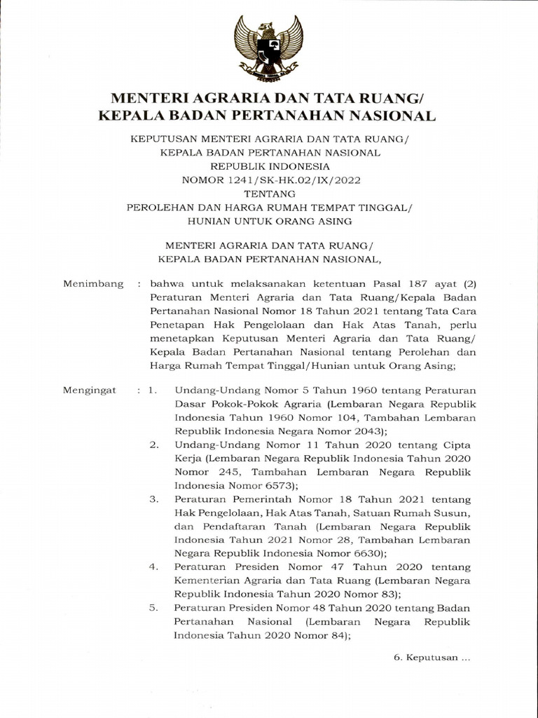 Kepmen Atr KBPN Nomor 1241 - sk-Hk.02 - Ix - 2022 | PDF