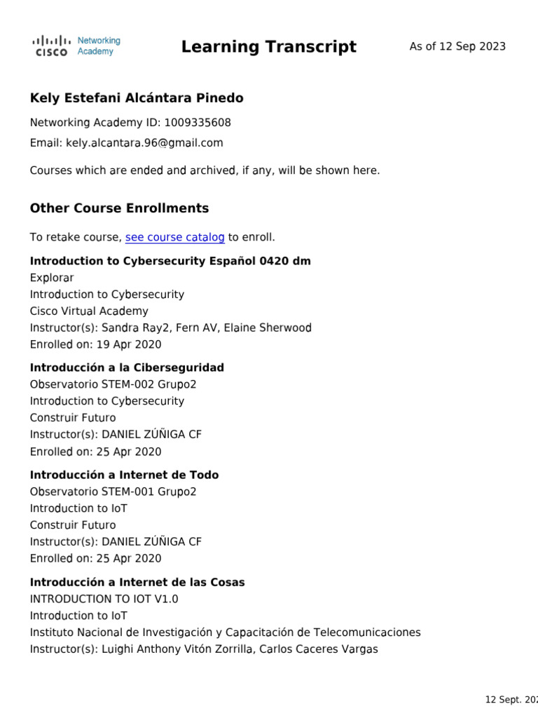 NetAcad Learning Transcript | PDF