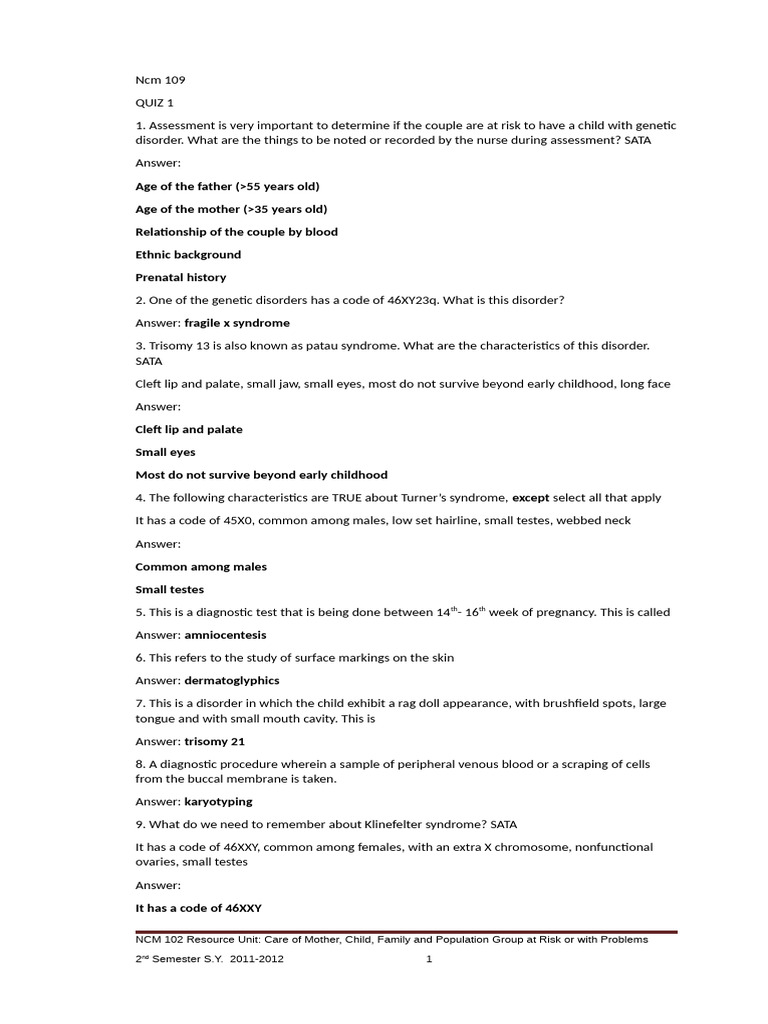 Genetic Disorders and Pregnancy Complications Quiz | PDF | Genetic ...