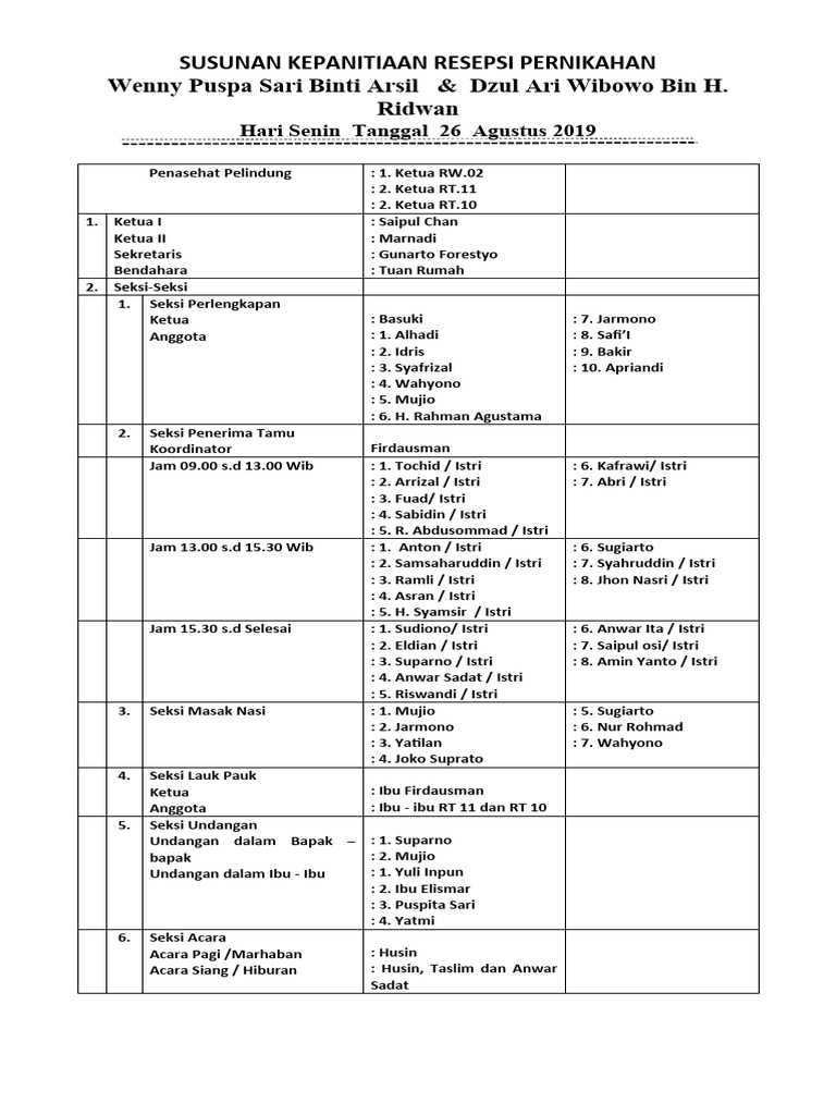 SUSUNAN KEPANITIAAN RESEPSI PERNIKAHAN - Docx Baru | PDF