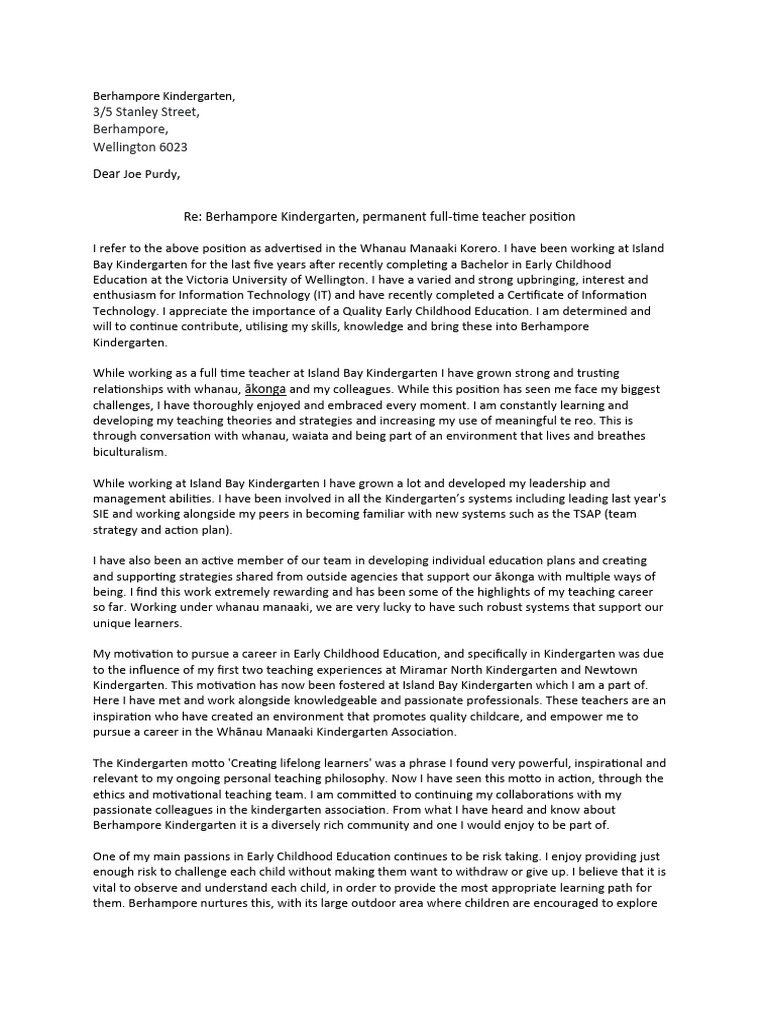 Application for Berhampore Kindergarten Teacher | PDF | Learning | Teachers