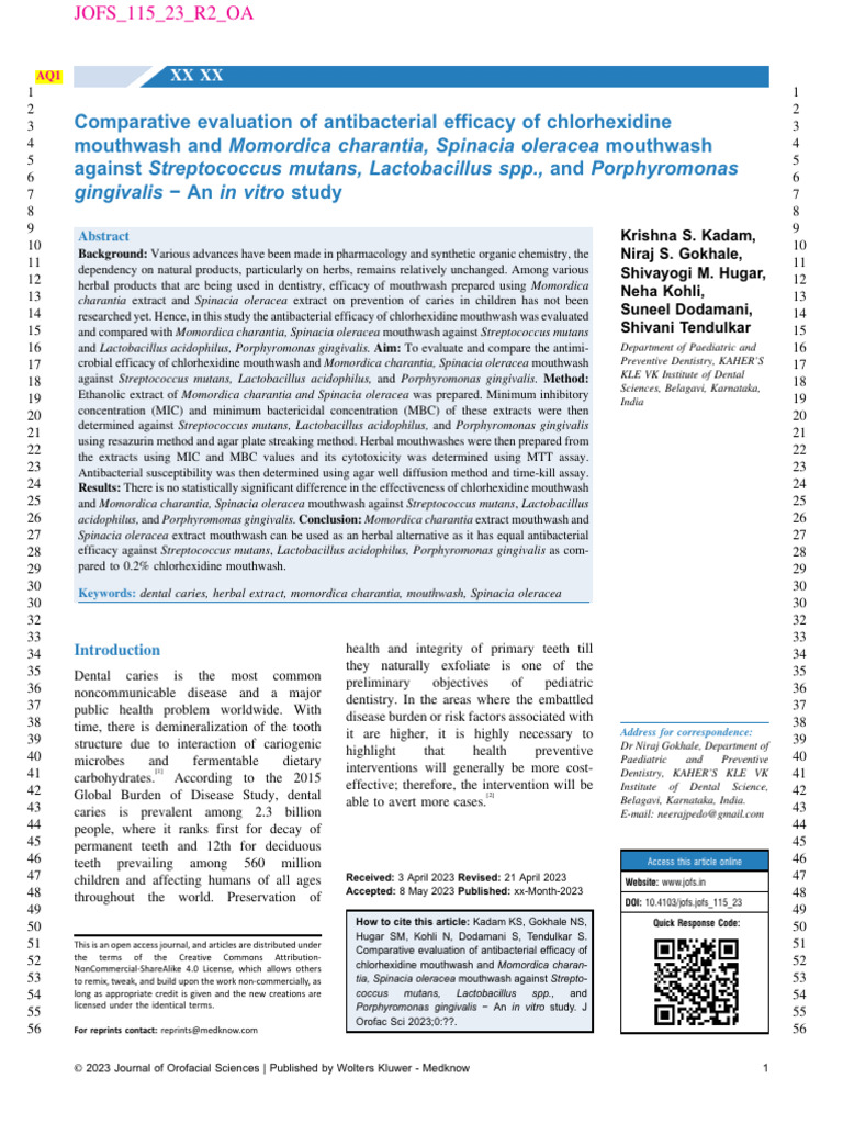 Comparative Evaluation of Antibacterial Efficacy of Chlorhexidine Mouthwash and Momordica ...