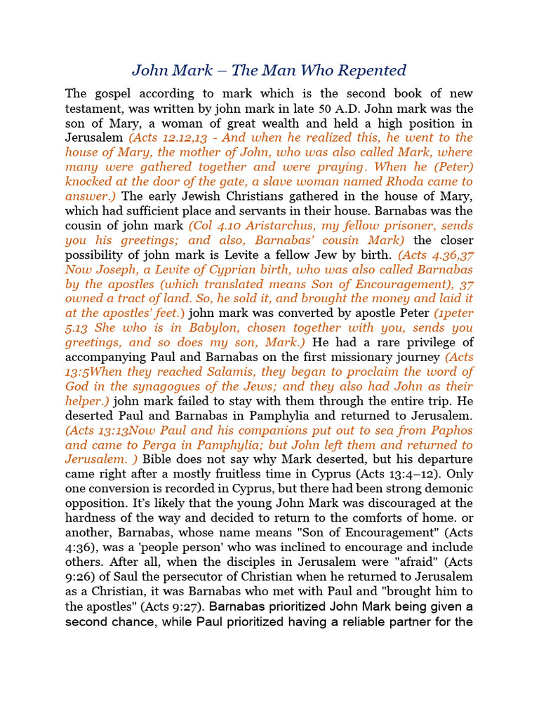 John Mark | PDF | Barnabas | Paul The Apostle