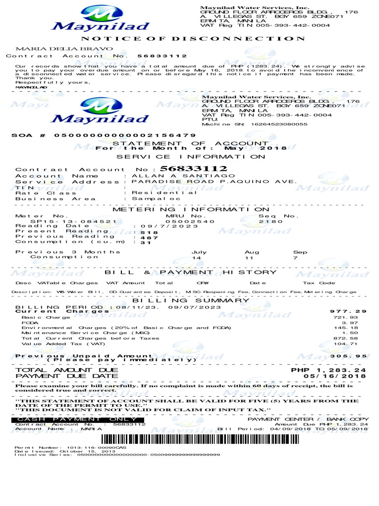 Maynilad Sample Bill | PDF | Value Added Tax | Taxes