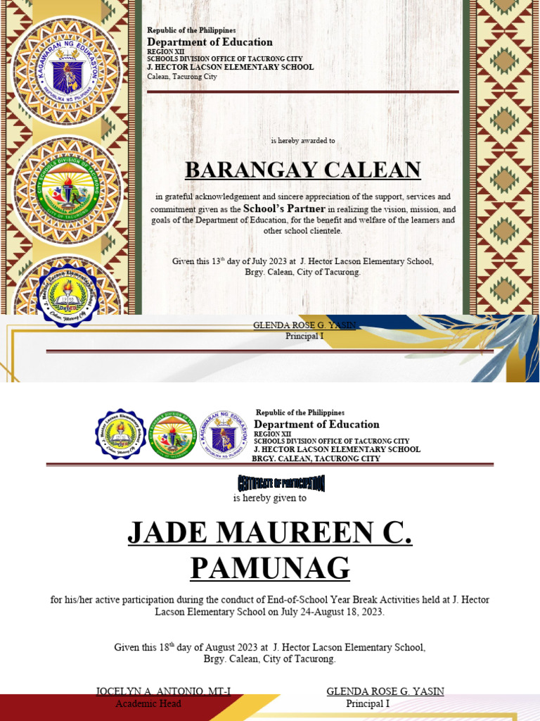 Certificates from J. Hector Lacson School | PDF | Government