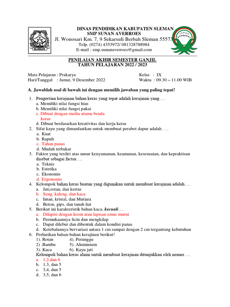 Soal Pas Prakarya Kelas 9 - Ganjil | PDF