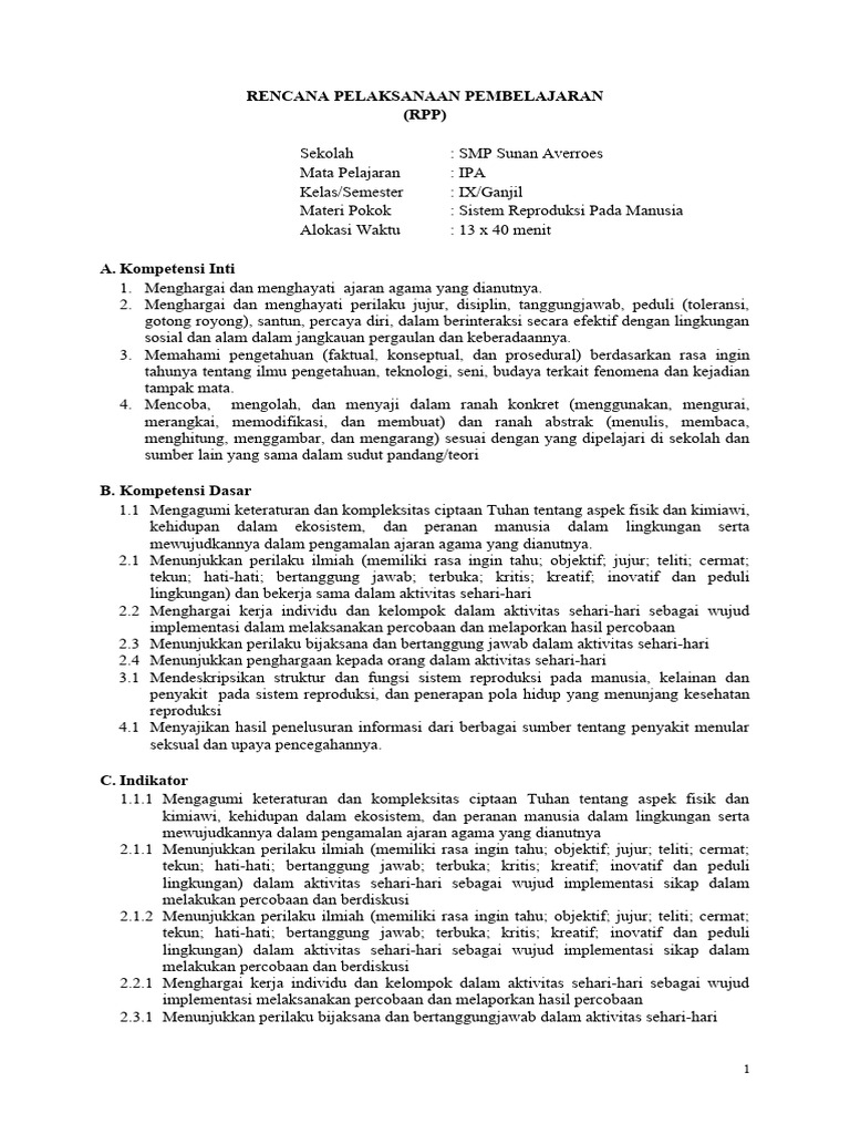 RPP. IPA Kelas 9 - 1 - Devy - Sem Ganjil (1) .Doc (Fasiitasi) | PDF ...