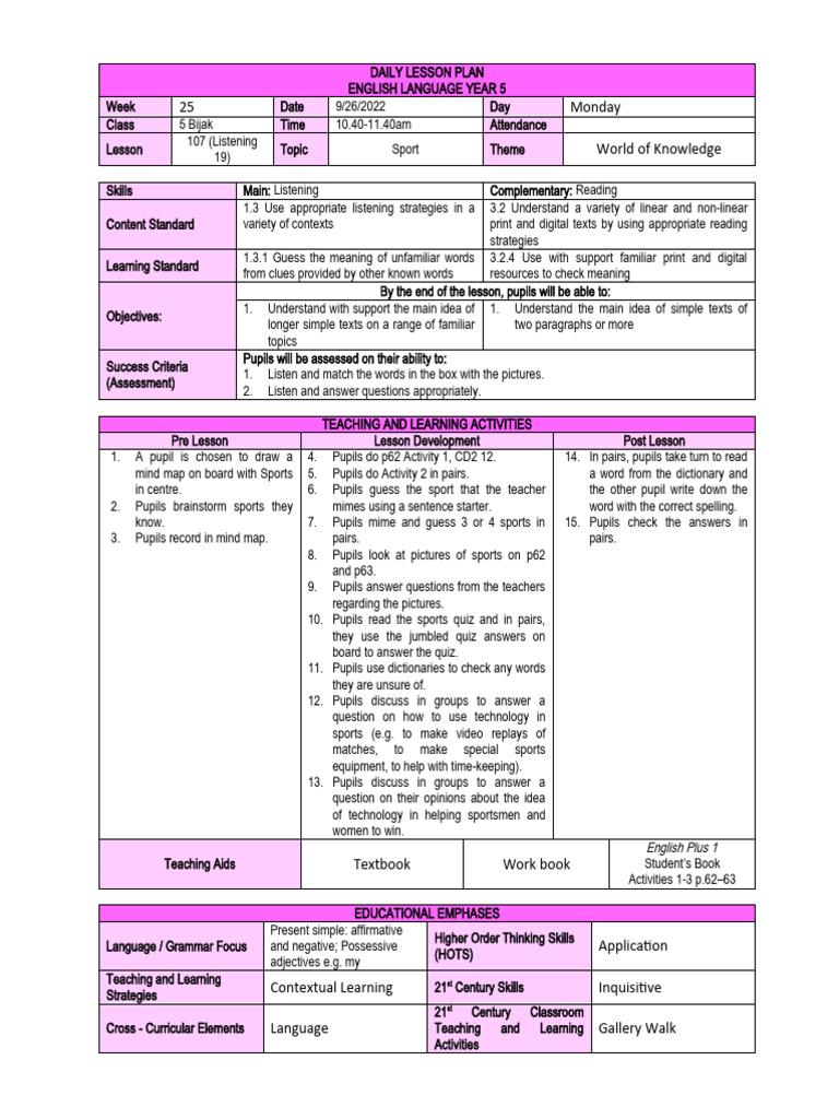 Sport (Lesson 107-124) (AutoRecovered) | PDF | Lesson Plan | Teachers